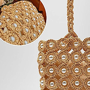 QTKJ Hand-woven Hollow Out Soft Straw Shoulder Bag with Pearl Flower, Boho Straw Handle Tote Summer Beach Bag Handbag