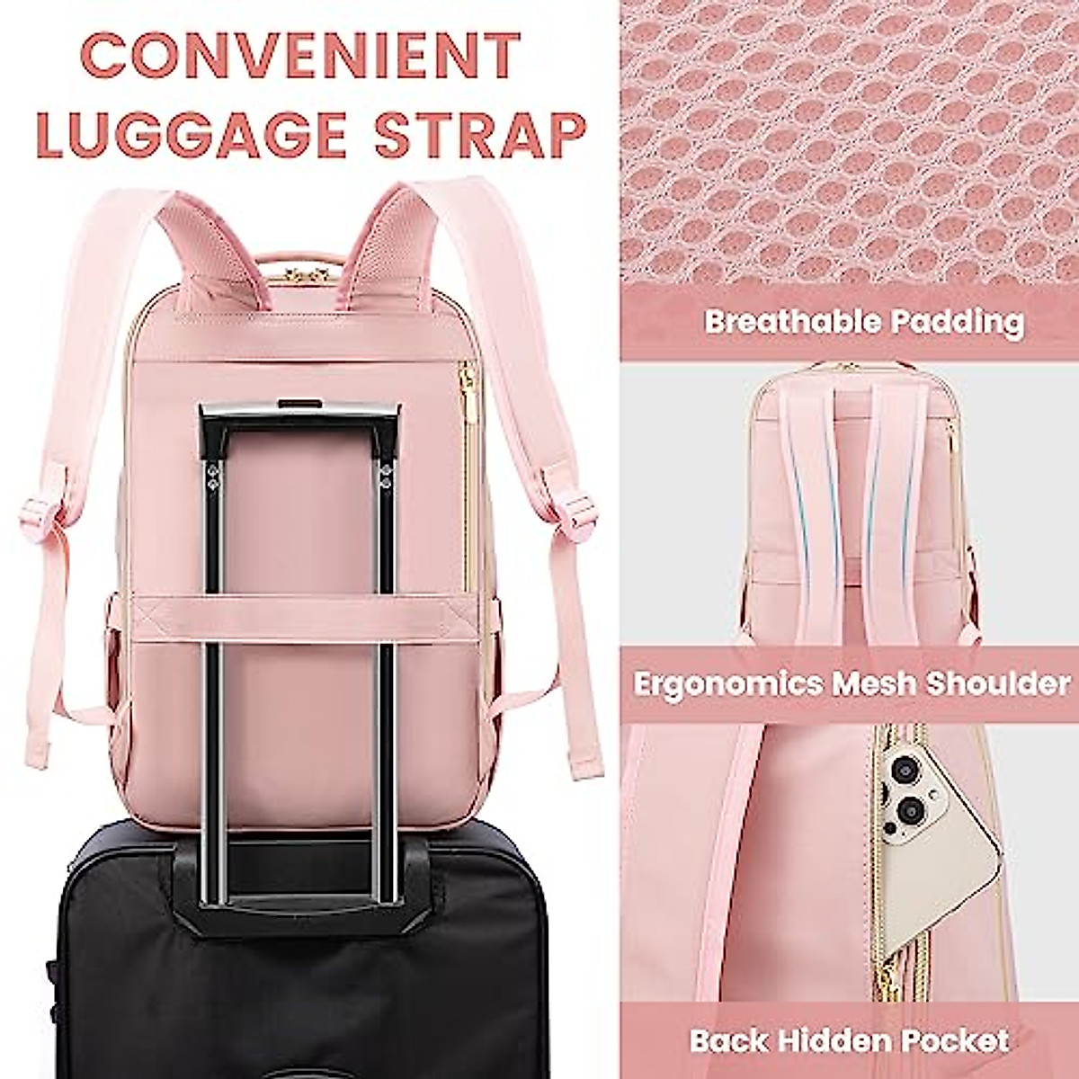 LOVEVOOK Work Backpack for Women, fits 15.6 Inch Laptop, Large Capacity Laptop Backpack with Luggage Strap, Waterproof Lightweight Backpack Purse, Fashionable for Business, Travel, Pink