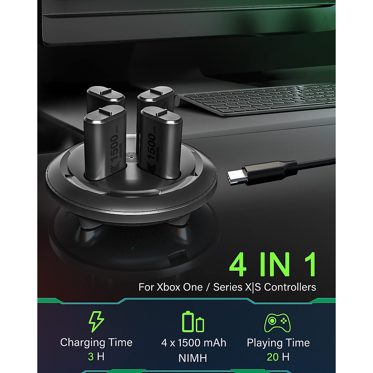 Noiposi Rechargeable Battery Pack for Xbox One Controller,4pcs 1500mAh Xbox One Rechargeable Battery Pack,Controller Battery Pack with Charger for Xbox One S/X/Xbox Series S/X Controller