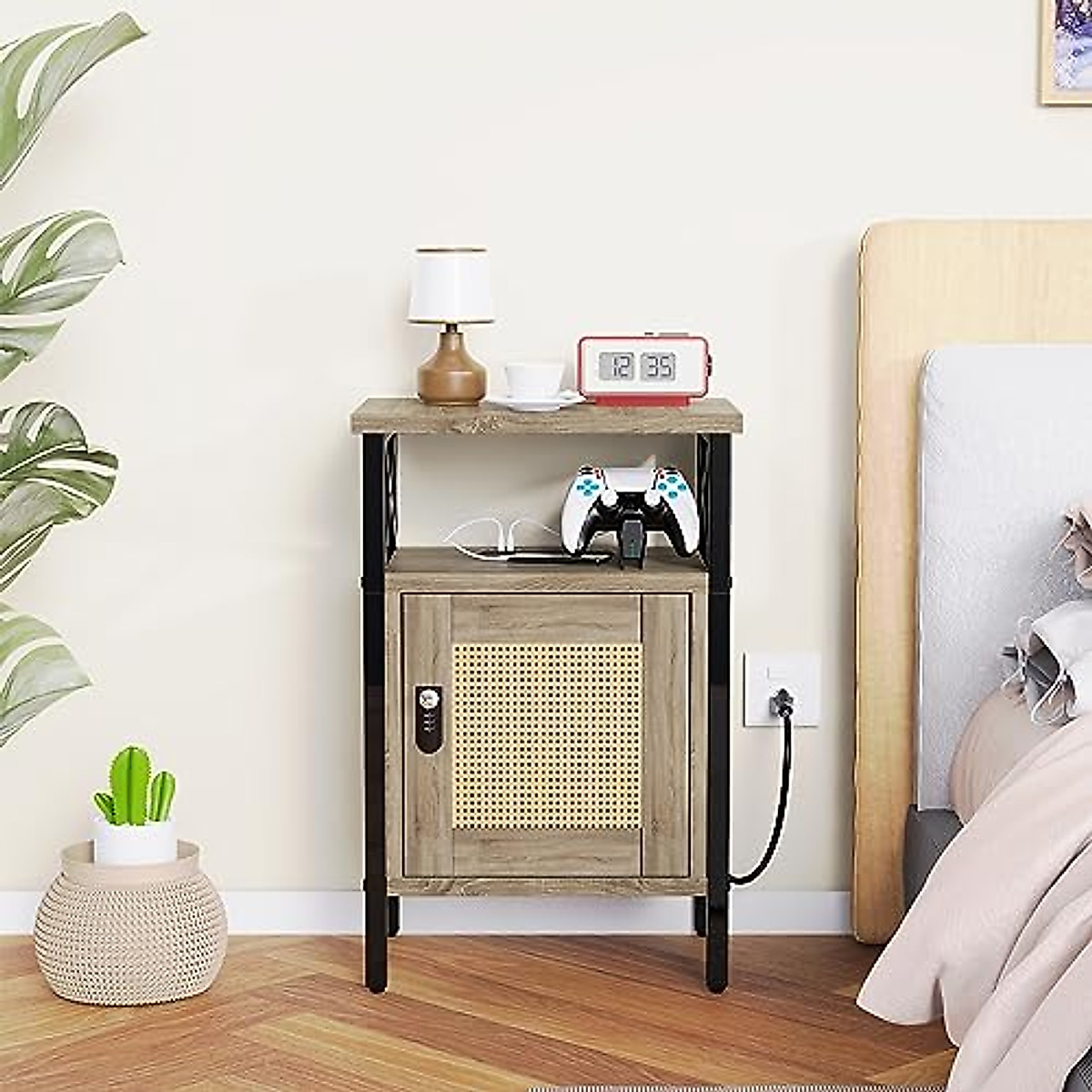runjuly Rattan Nightstand with Lock, End Table with Charging Station, Side Table with Rattan Door and Open Shelf, Wooden Farmhouse Bedside Table for Bedroom, Living Room, Dorm