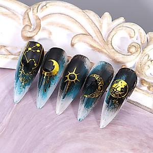 8 Sheets Gold Nail Sticker 3D Self-Adhesive Nail Decals Art Unique Moon Sun Stars White Cloud Snake Design Nail Art Sticker Decoration for Women Manicure Tips Acrylic Nails DIY Nails Art Supplies