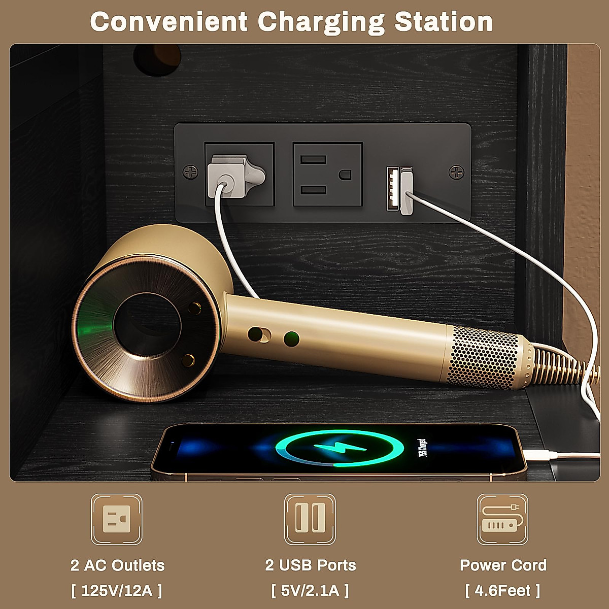 BTHFST Makeup Vanity with Lights and Charging Station, Black Vanity Desk with Mirror and Lights, Makeup Table with 5 Drawers and Shelves, Vanity Mirror with Lights Desk, Black Wood Grain