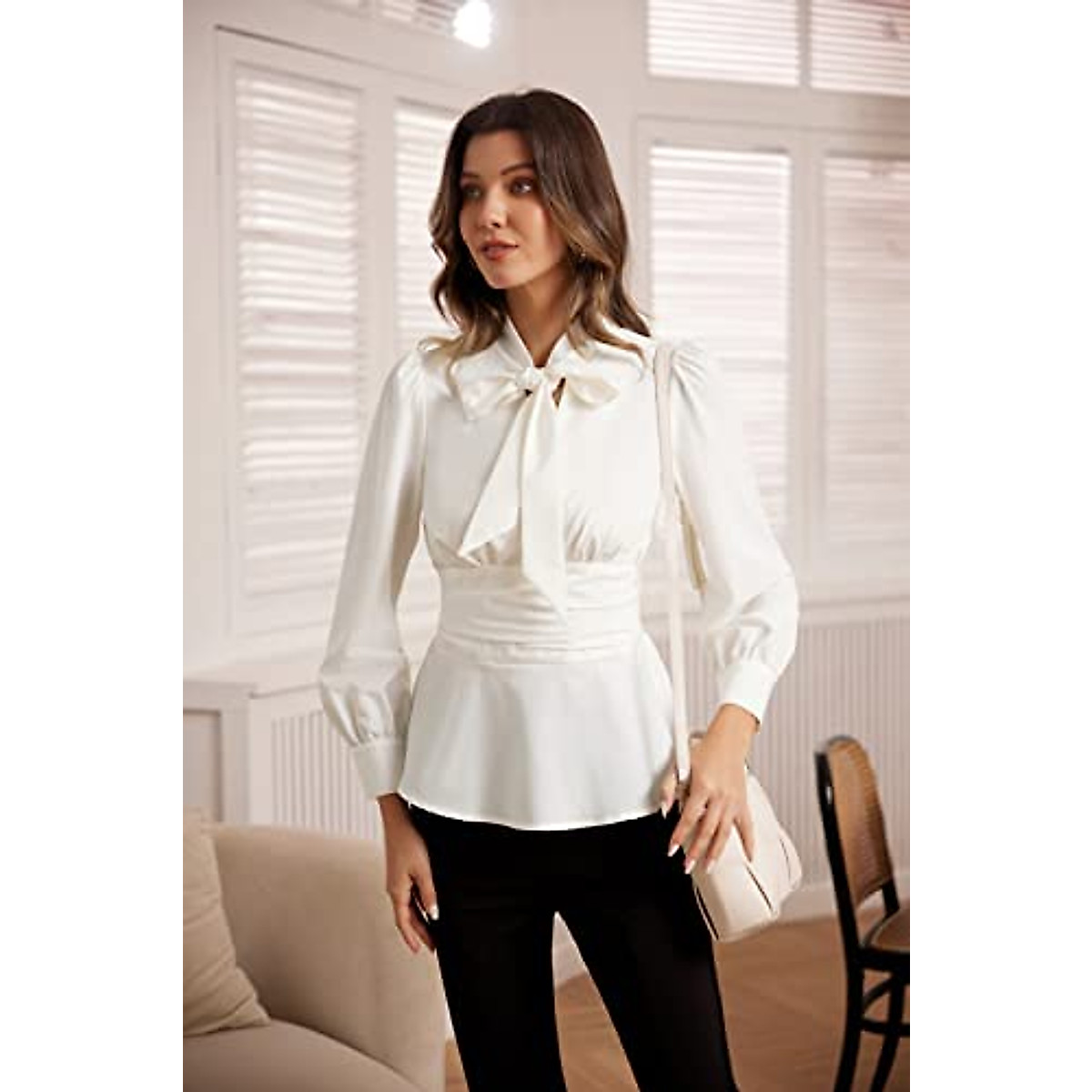 GRACE KARIN Women's Casual Chiffon V Neck Long Sleeve Blouse Tops Somcked Waistline White M