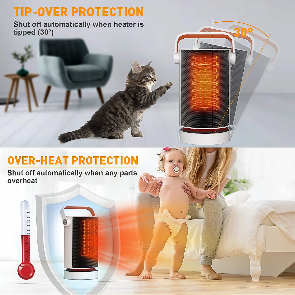 Electric Space Heater, 70° Oscillating with 1500W/750W PTC Fast Heating Portable Heater Fan, Safe and Quiet Small Room Heater with Tip-Over and Overheat Protection for Office Bathroom Desk Indoor Use