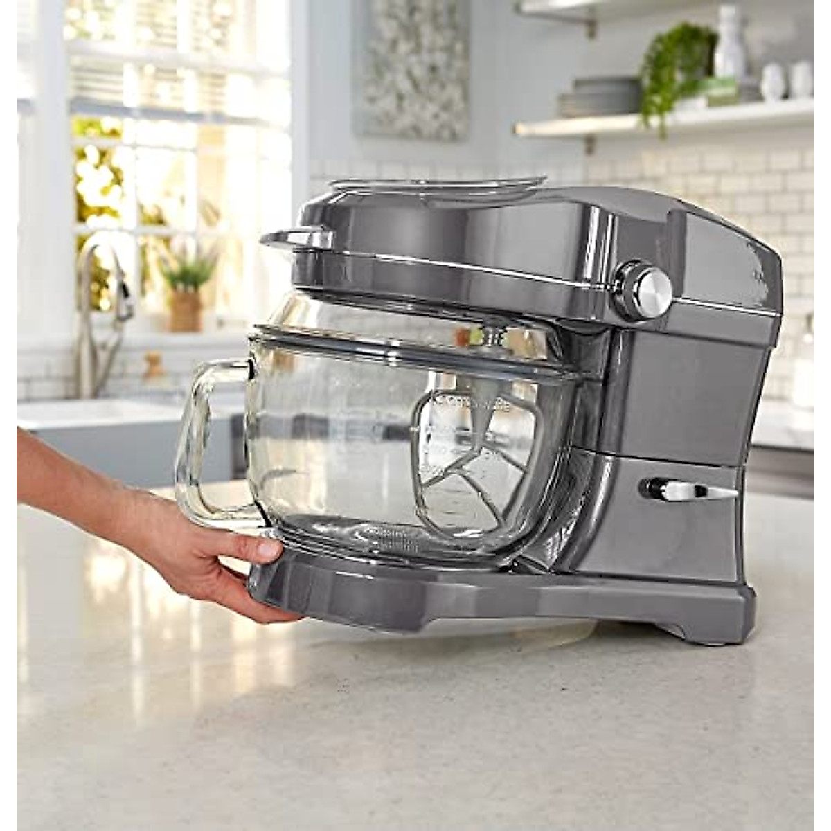 Kenmore Elite Ovation 5 Qt Stand Mixer, 500 Watts, with Revolutionary Pour-In Top, Tilt Head, Flat Beater, Whisk, Dough Hook, 360-degree Splash Guard, Glass Bowl, LED Light, Metallic Grey