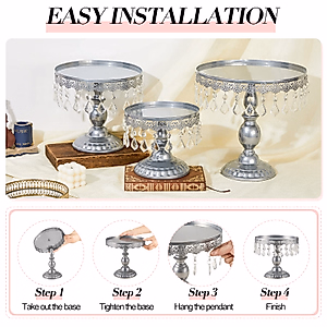 Eaasty 3 Pcs Cake Stand Set Round Cake Stand with Crystal Bling Pendants Dessert Table Display Set for Wedding Event Birthday Party Dessert Table(Silver)