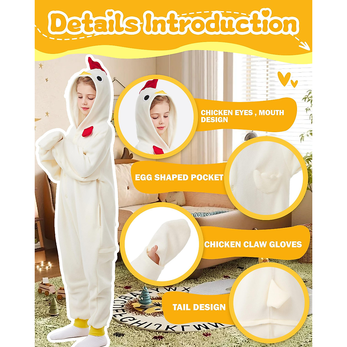 CANASOUR Chicken Onesie Kids Halloween Cosplay Costume Girls One Piece Rooster Pjs Anime Unisex Hoodie Pajamas For 8-10 Years Boys Party Pyjamas (Height 51-55”, 8 Years,Chicken)