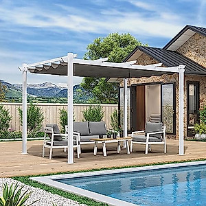 PURPLE LEAF 10' X 13' Outdoor Retractable Pergola with Sun Shade Canopy Cover White Patio Metal Shelter for Garden Porch Yard BBQ Beach Gazebo Grape Trellis Pergola, Gray