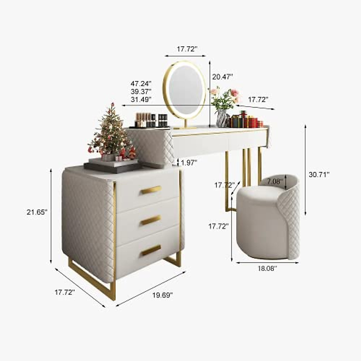 Anwickhomk Dresser Table, Vanity Corner Makeup Table Set Women Makeup,Mirror with LED Lights Desk and Chair,Modern Dressing Table Sintered Stone, with Stool, 5 Pine Wood Drawers,47.24'' White