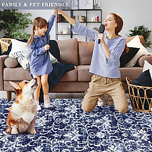 GarveeHome Washable Rugs 8x10 Rug for Living Room Boho Vintage Area Rug for Bedroom Indoor Floral Damask Floral Large Rug Soft Non Shedding Stain Resistant Carpet for Dining Room 8'x10' Blue