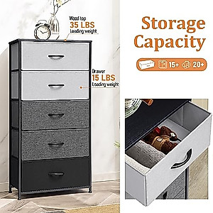 VredHom Fabric Dresser for Bedroom, Tall Skinny Dresser with 5 Wide Drawers, Storage Organizer Tower, Steel Frame Wooden Top for Closet, Living Room, Hallway, Nursery(Grey&Black)