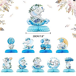 PHIAMOLY 9 Pcs Floral Elephant Honeycomb Centerpiece Blue Elephant Table Decorations Its a Boy Baby Shower Decorations Eelephant Theme Birthday Party Supplies