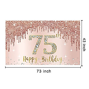Happy 75th Birthday Banner Backdrop Decorations for Women, Rose Gold 75 Birthday Party Sign Supplies, Pink 75 Year Old Birthday Poster Background Photo Booth Props Decor