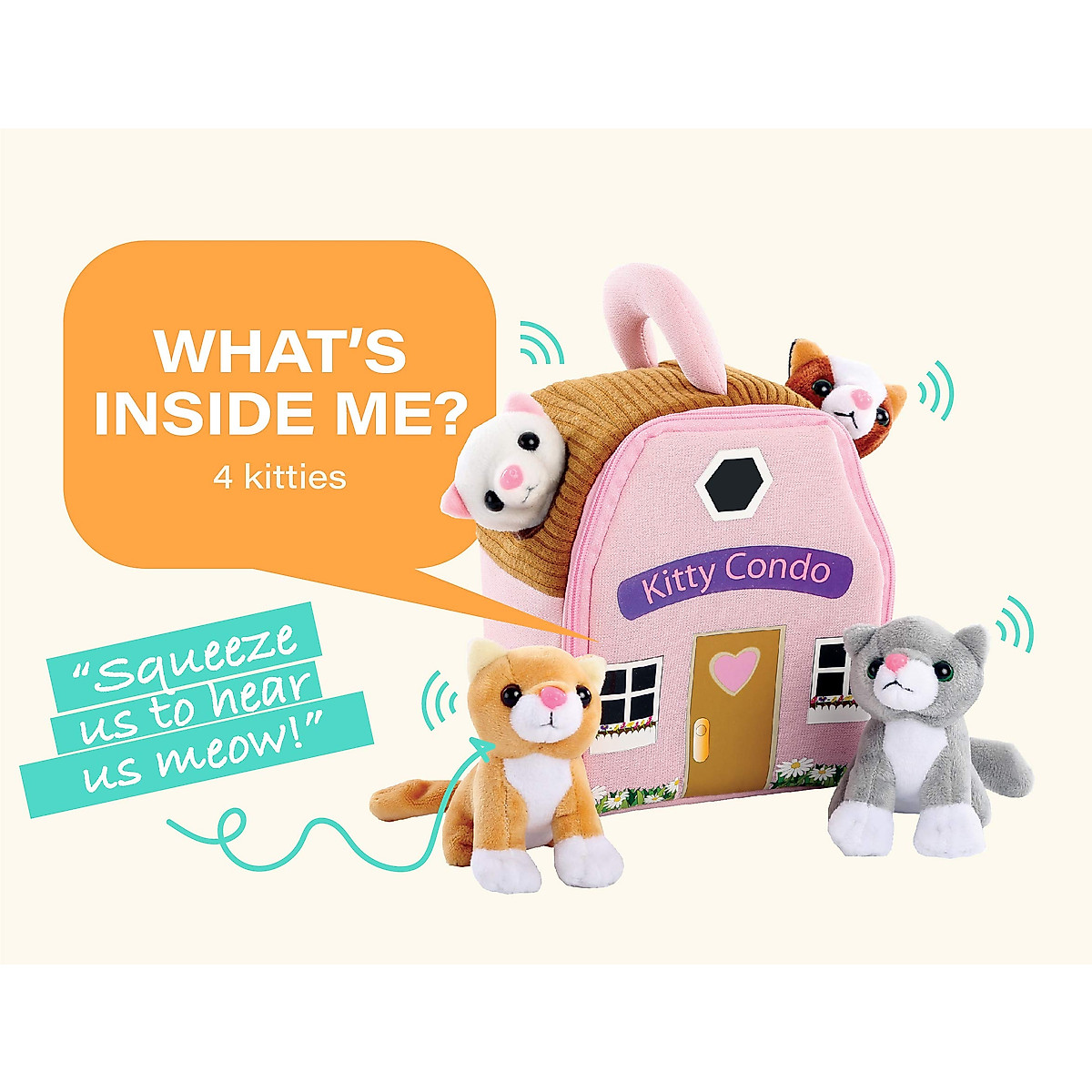 Etna Meowing Cat Condo Toy Playset with Sounds, 5 Piece Small Stuffed Cats and Kittens