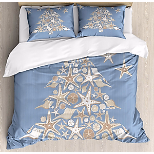 Ambesonne Christmas Duvet Cover Set, Nautical Elements Sea Life Theme with Noel Tree Winter Season, Decorative 3 Piece Bedding Set with 2 Pillow Shams, Queen Size, Beige Cream