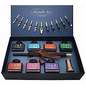 Plotube Calligraphy Pen Set – Includes Wooden Dip Pen, Antique Brass Holder, 11 Nibs, 7 Colors Ink Bottles and Beginner's Manual
