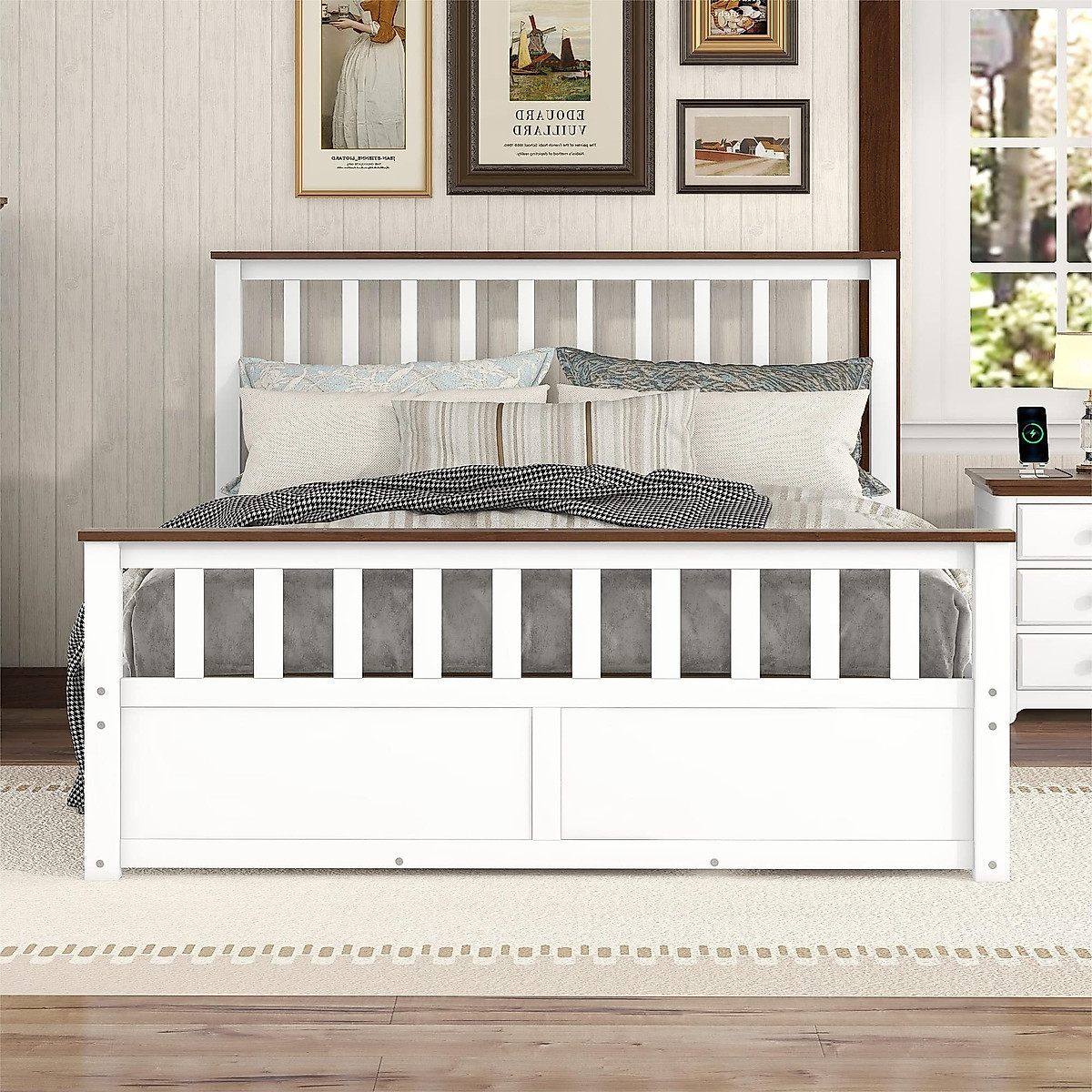 Bellemave Queen Bed Frame with 2 Storage Drawers Wood Platform Bed with Headboard & Footboard Panel Beds with Slats for Boys, Girls, Kids, Teens, White + Walnut