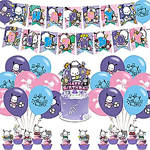 Pochacco Birthday Party Decorations,Pochacco Theme Party Supplies for Kids Adults with Happy Birthday Banner Cake Topper Cupcake Toppers Balloons