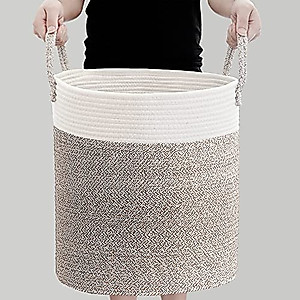 NamRamo Blanket Basket Living Room 13.8" x 13.8" x 15.8", Large Basket Baby Toy Basket, Cotton Rope Laundry Basket with Handle, Tall Rope Basket, Woven Storage Basket, White & Ooatmeal Hamper