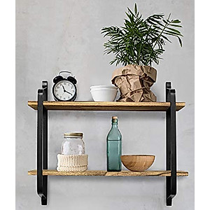 Greenco Rustic Floating Shelves Wall Mounted 2 Tier With Metal Brackets