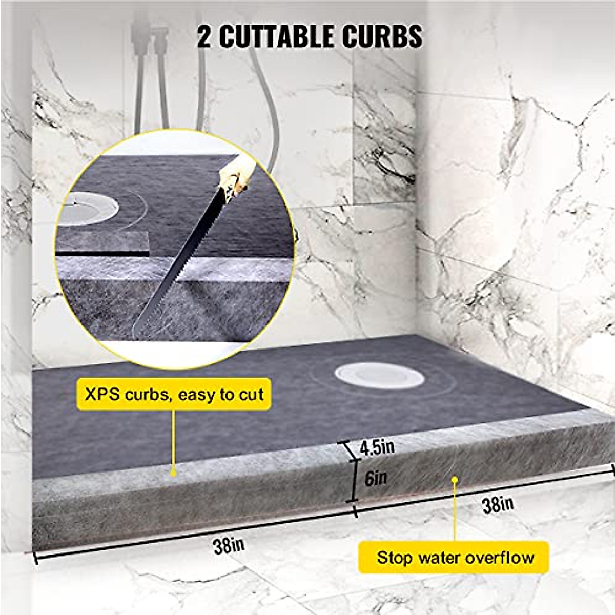 VEVOR Shower Curb Kit, 38"x60" Watertight Shower Curb Overlay with 4" ABS Offset Bonding Flange, 4" Stainless Steel Grate, 2 Cuttable Shower Curb and Trowel, Shower Pan Slope Sticks Fit for Bathroom