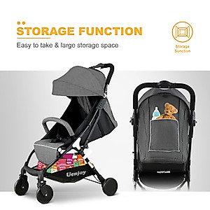 Uenjoy Baby Stroller One-Click Foldable Lightweight Stroller, with Lockable Universal Wheels, Five-Point Safety Belt, Adjustable Awning, Variable Seat and Recliner,Gray