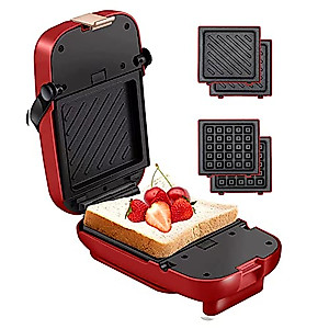 Panini Press with Timer, 2 in 1 Sandwich Maker & Waffle Maker, Electric Grill with Non-stick Coating & Removale Plates, Mini Sandwich Maker for Brunch (red)