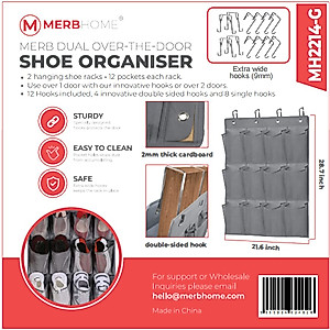 MERB Home 2 Pack Shoe Storage Organizer with Innovative Hook - Hang 2 Racks on 1 Door or on different Doors - Hanging Door Rack- 12 Pockets - Foldable Hanging Storage Organizer (3 Rows of pockets)