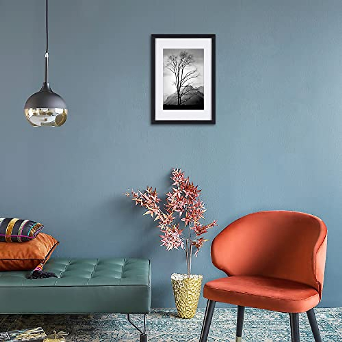 Tree Mountain Wall Art Black and White Landscape Picture Framed Canvas Print in White Matte and Black Framed 11x16 Inch Modern Artwork for Kitchen and Home or Living Room Decor