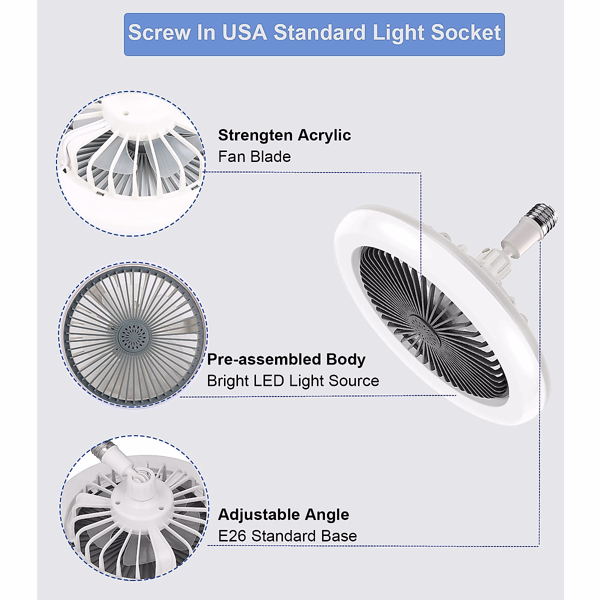 PANLAVIE Enclosed Ceiling Fan with Light and Remote, 10 Inch Screw in Fan Light Mini Bladeless Ceiling Fans, 3 Fan Speeds Dimmable 3 Light Colors for Garage Tool Room Hallway, No Wiring Required