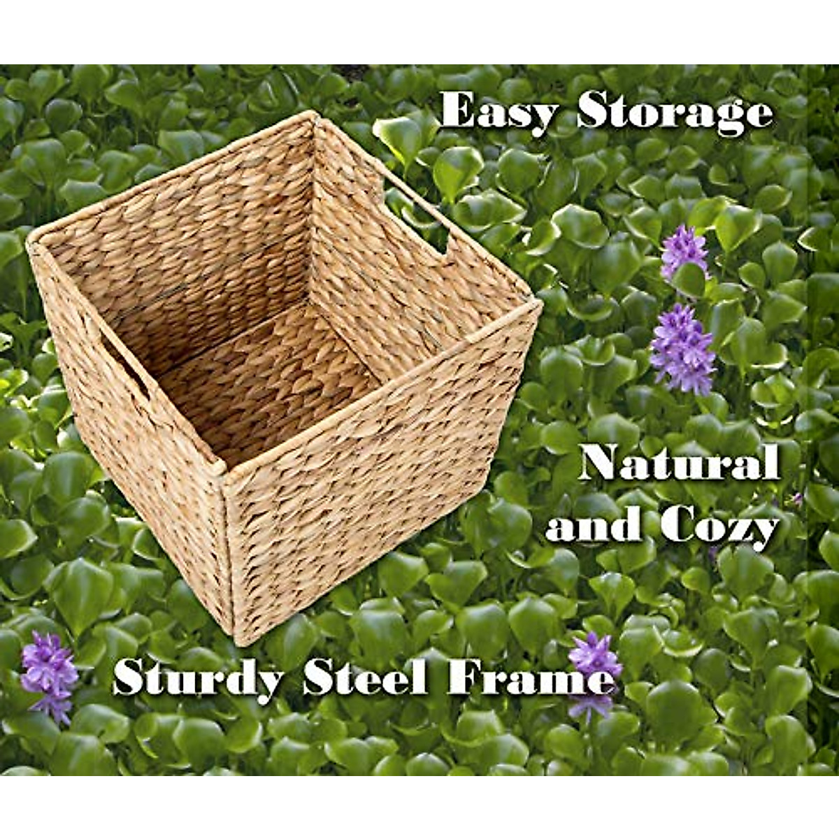 4 Decorative Hand-Woven Small Water Hyacinth Wicker Storage Basket, 13x11x11 Perfect for Shelving Units