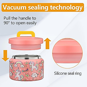 PIQUEBAR 8oz Kids Thermos for Hot Food,Small Lunch Thermos Food Container Stainless Steel,Easy Open Wide Mouth Thermo for Hot Cold Food for Preschool Travel (Pink Unicorns)