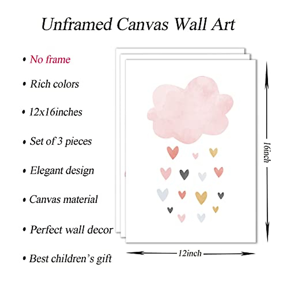 Sun Rainbow Canvas Wall Art Nursery Pink Rainbow Print Sun and Rainbow Nursery Wall Art Sun and Clouds Painting Light Pink Rainbow and Sun Art Nordic Pictures Girls Room Decor 12x16inch X3pcs No Frame