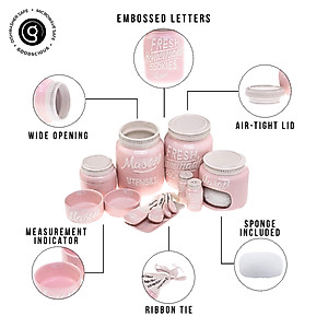 Farmhouse Canisters Sets for the Kitchen - Mason Jar Ceramic Kitchen Utensil Holder, Spoon Rest, Cute Cookie Jar, Salt & Pepper Shaker Sets, Sponge Holder, Measuring Cups & Spoons (Pink, 17-Pc Bundle)