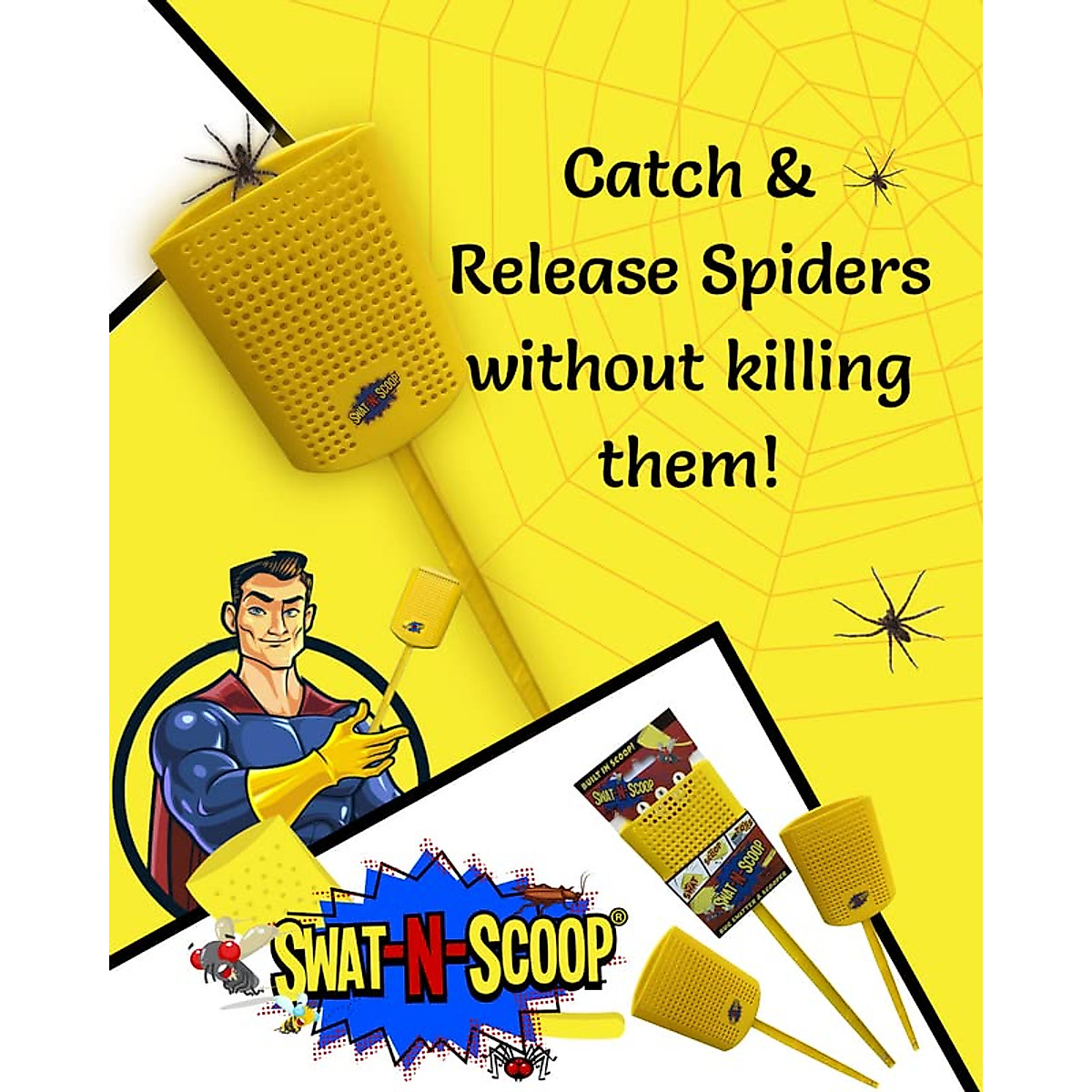 Swat-N-Scoop Heavy Duty Fly Swatter and Spider Catcher and Release (Pack of 3). Insect Fly Catchers for Inside Home. House Fly Killer or Humane Bug Catcher with Built in Insect Scoop.