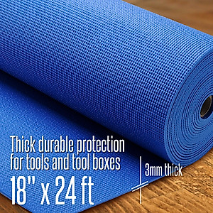 Reizen Tech Max-Tough Tool Box Liner-18 inches x 24 feet x 3mm - Stay-Put Surface Defends Against Wear and Tear - Keeps Tools Protected and Organized - Garage Shelves, Tool Chest, and Cabinets - Blue