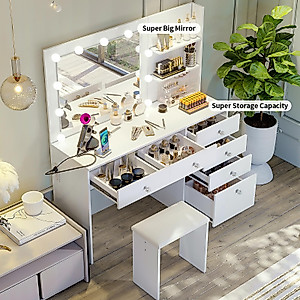 VOWNER Vanity with Lights - 47" Makeup Vanity Desk with Power Outlet, Storage Shelves and 6 Drawers, 3 Color Lighting Modes with Adjustable Brightness, Makeup Desk with Stool for Women Girls, White