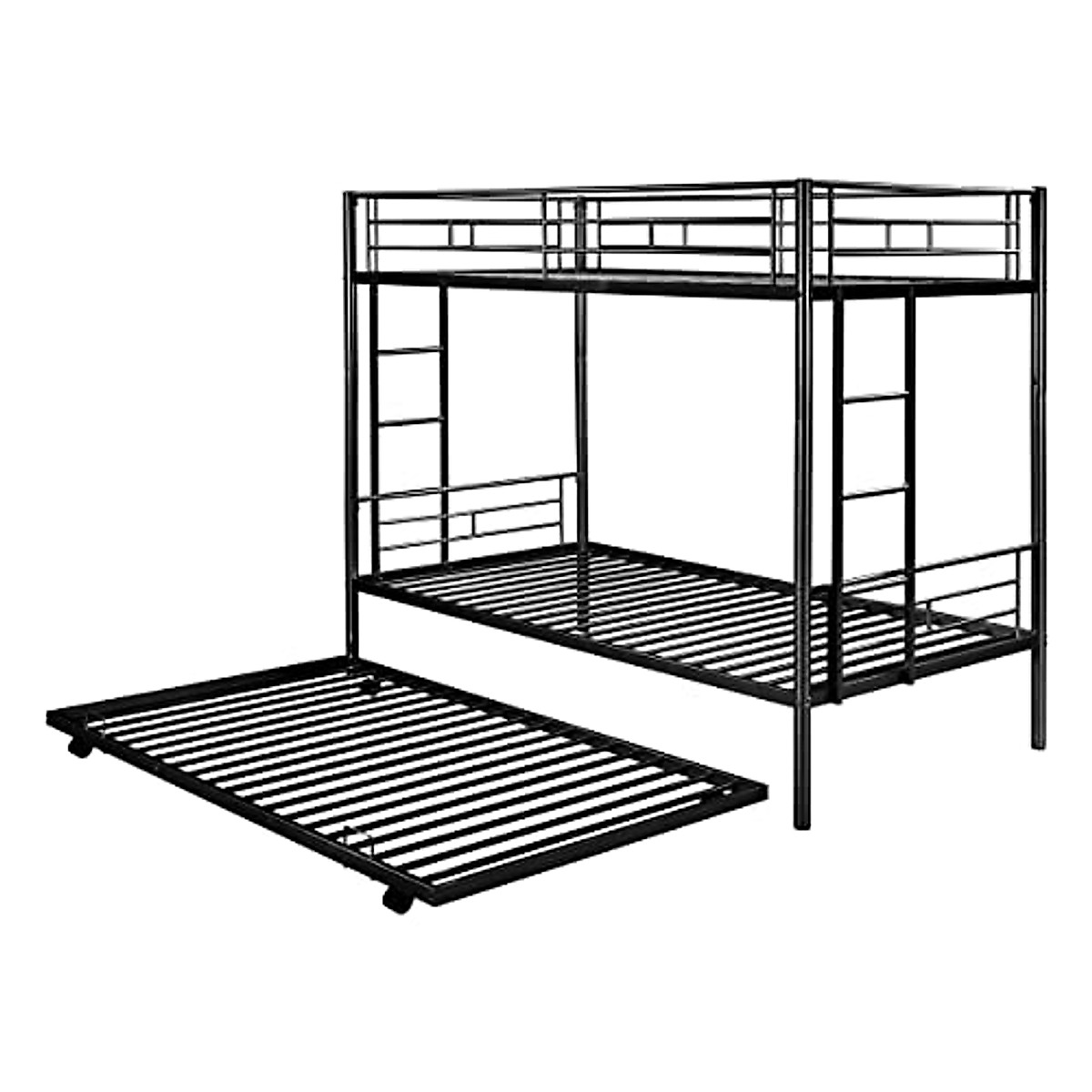 HICOMILA Metal Bunk Bed with Trundle, Twin Over Twin Bunk Bed for Kids, Teens, Adults, Can be Separate into Two Individual Twin Beds, Black