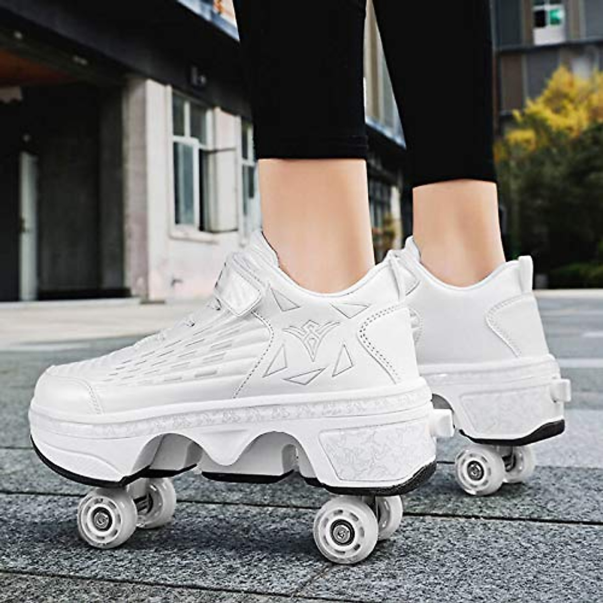RDJSHOP, Women Pulley Shoes, 2 in 1 Multifunctional Deformation Roller Skating Shoes, Double Row Skates Perfect Indoor Outdoor Sports for Adults Kids,White25.526cm