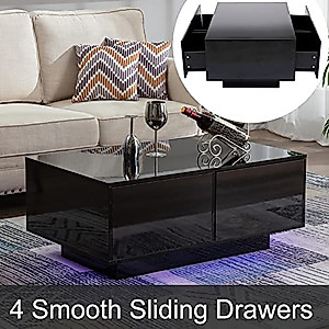 LED Coffee Table with Storage Drawers, High Glossy Coffee Table with LED Lights for Living Room, Modern Living Room Center Table Rectangular, Black (Style1, Black)