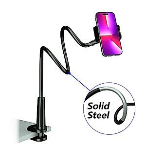 Cell Phone Clip on Stand Holder - with Grip Flexible Long Arm Gooseneck Bracket Mount Clamp for iPhone X/8/7/6/6s/5 Samsung S8/S7, used for bed, desktop, Black