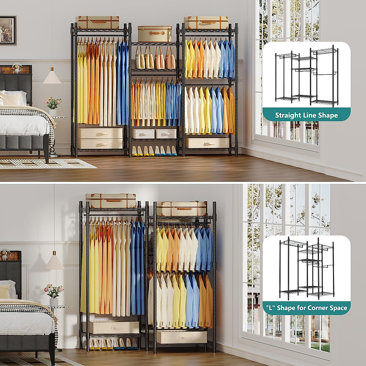 EasyCom Garment Rack, Heavy Duty Clothes Rack with 7 Shelves and 4 Hanger Rods, Closet Organizer System, Closet Clothes Rack, Free Standing Closet, 17.7" D x 70.5" W x 76.8" H, Max Load 900LBS, Black