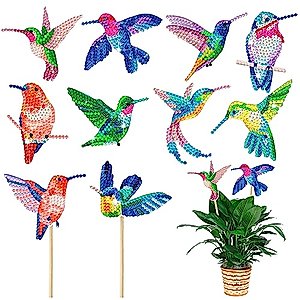 JHGCVX 10 Pcs Hummingbird Diamond Art, Diamond Painting Kits for Garden Decor, Hummingbird Stakes Diamond Art Kits for Indoor Outdoor Garden Yard Decoration