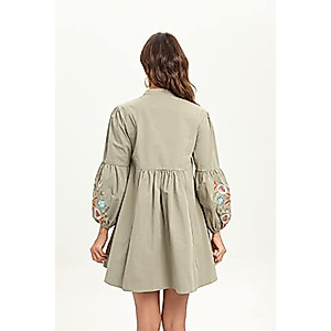 Aofur Women Bohemian Vintage Embroidered Cotton Spring Shift Mini Dress Long Sleeve Casual Tops Blouse (Medium, SR069 Green)