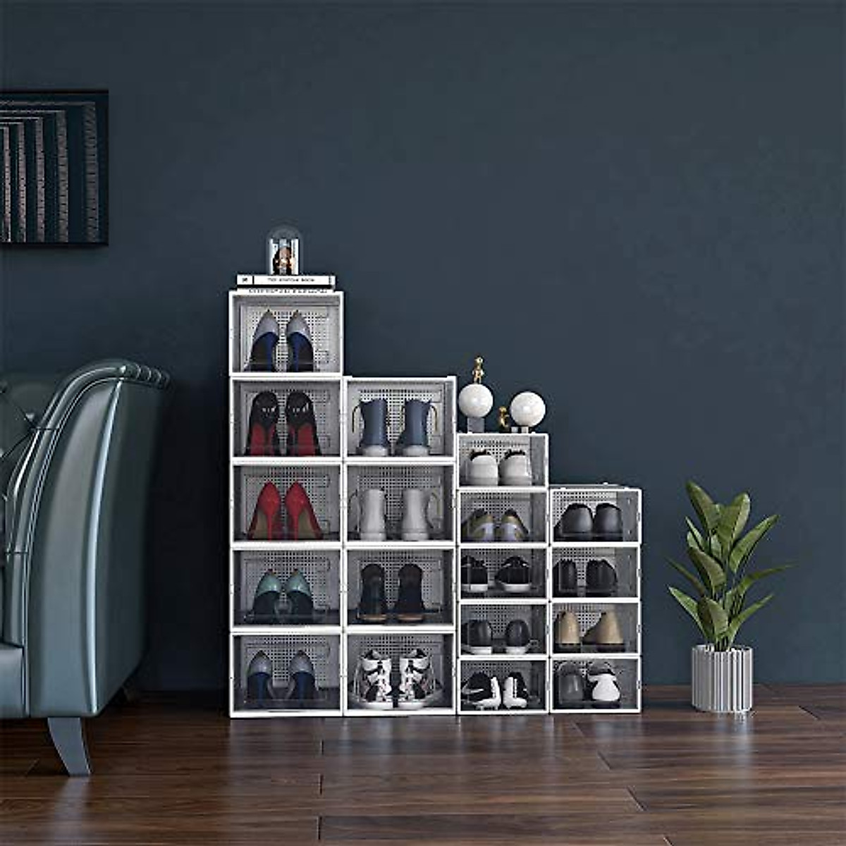 Sneaker Storage,Shoe Boxes Clear Plastic Stackable 18 Pack Fit up to US Size 14,9 Medium and 9 Large,White