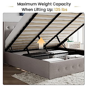 SHA CERLIN King Size Lift Up Storage Bed/Button Tufted Wingback Headboard/Hydraulic Storage/Upholstered Platform Bed Frame/No Box Spring Needed/Wood Slats Support/Light Beige
