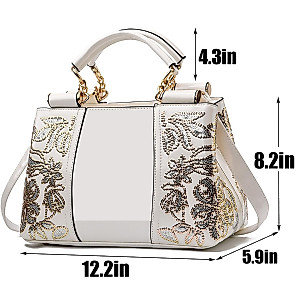 XingChen Women Patent Leather Fashion Handbags Double Sided Sequin Embroidery Shoulder Bag Top Handle Satchel Purse White