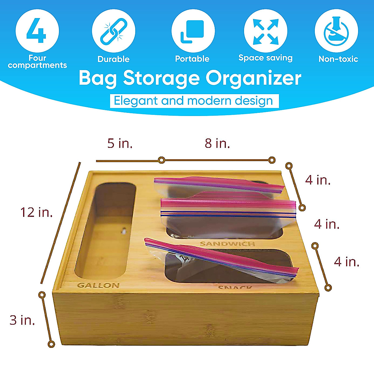 HAMMER CREATIONS Bamboo Wall Mount Zip Lock Sandwich Bag Organizer, Quart & Gallon Bags, Organize Drawer, Wood Variety Food Baggie Storage Dispenser Compatible with Ziploc, Solimo, Glad, Hefty Baggies