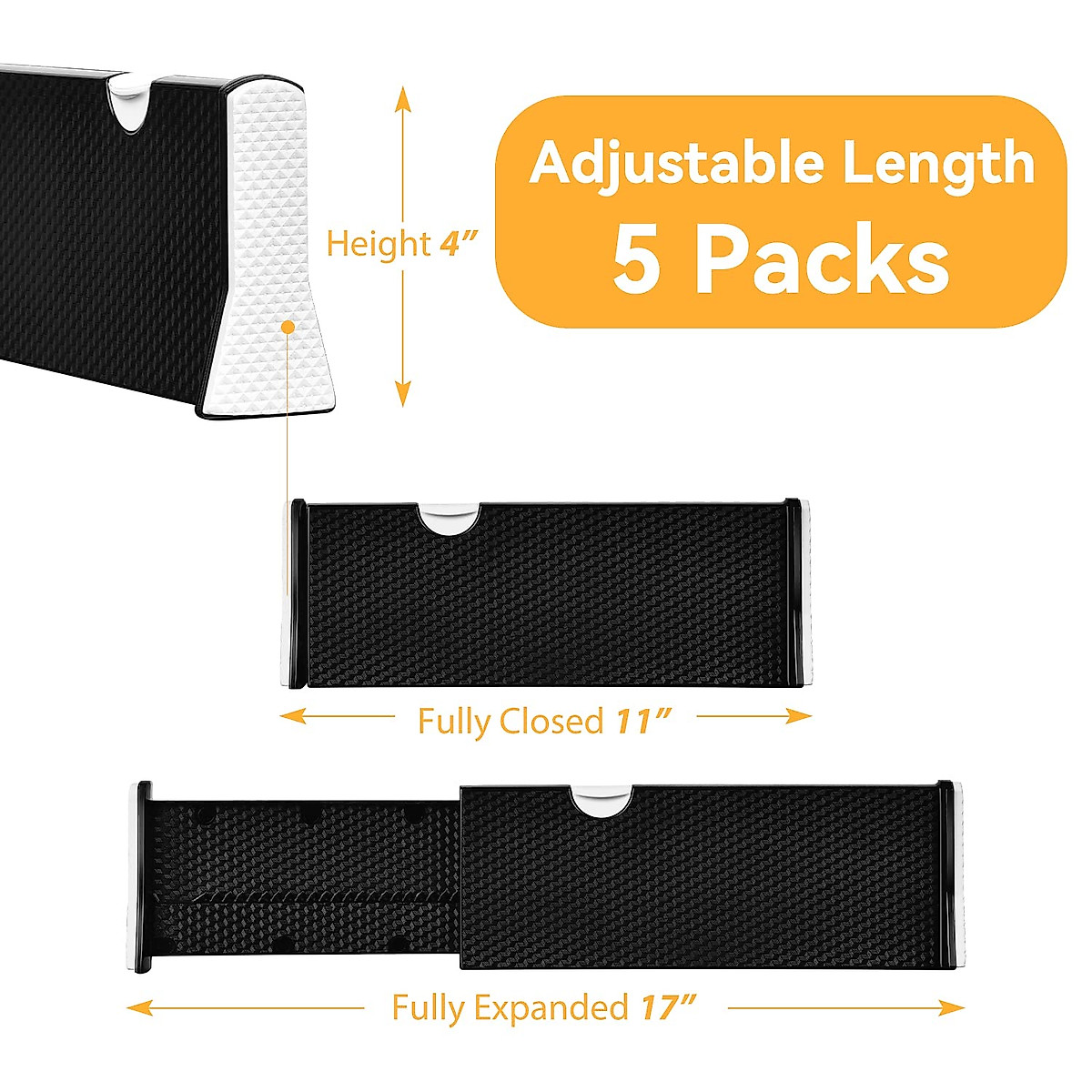 JONYJ Drawer Dividers Organizer 5 Pack, Adjustable Separators 4" High Expandable from 11-17" for Bedroom, Bathroom, Closet,Clothing, Office, Kitchen Storage, Strong Secure Hold, Foam Ends（Black）