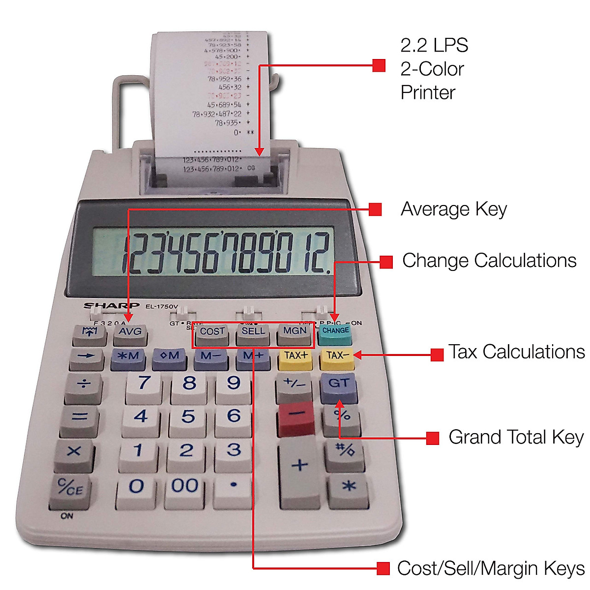 Sharp EL-1750V Two-Color Printing Calculator 2 Lines/Sec 3" Black/Red